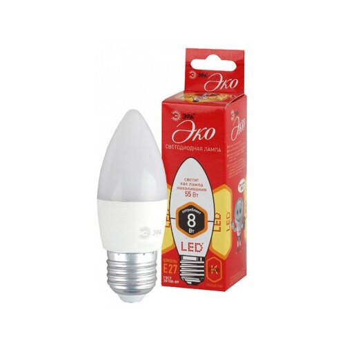 Лампочка ECO LED B35-8W-827-E27 ЭРА (диод, свеча, 8Вт, тепл, E27) (10/100/3500)
