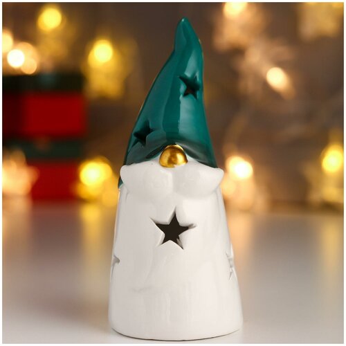 Сувенир керамика свет "Дедушка Мороз, зелёный колпак, золотой нос, звёзды" 12,5х5,5х5,5 см