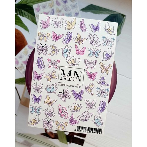 MIW Nails "Слайдеры для ногтей" водные наклейки для дизайна #W-03 цветной бабочки