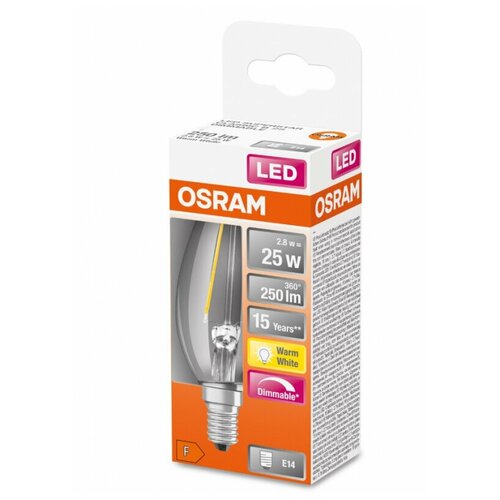 Osram/Ledvance Лампа Osram FIL LS CL B25 DIM 2,8W 827 230V CL E14 250lm свеча прозрачная, 4058075436824