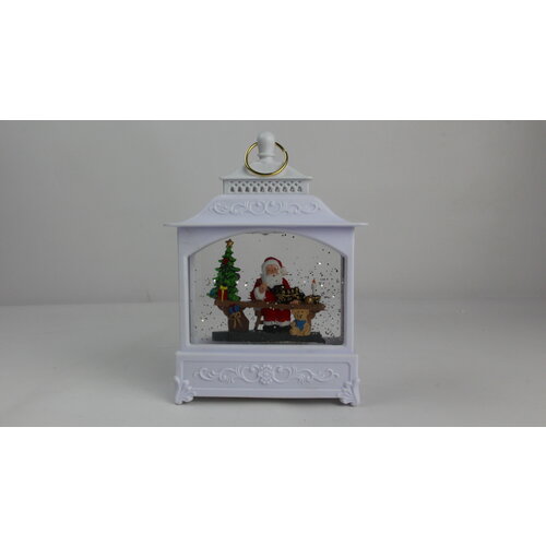 "Новогодний" фонарь DS-019- "Дед Мороз делает игрушки", LED, USB, музыка, подсветка, 3*ААА, белый, 19х6х14 см