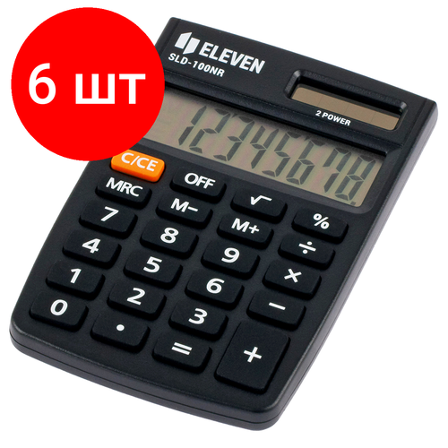 Комплект 6 шт, Калькулятор карманный Eleven SLD-100NR, 8 разрядов, двойное питание, 58*88*10мм, черный