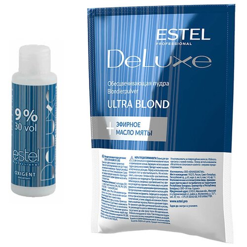 ESTEL Пудра DE LUXE для обесцвечивания волос Ultra Blond 30 г / Осветляющий порошок + оксид (окислитель) DE LUXE 9%, 60 мл.