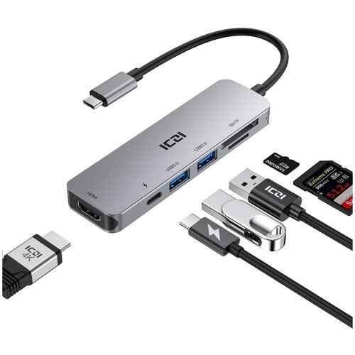 Хаб USB-концентратор ICZI 6 в 1 (PD+HDMI+TF/SD+2xUSB3.0) Multifunctional Type-C Gray