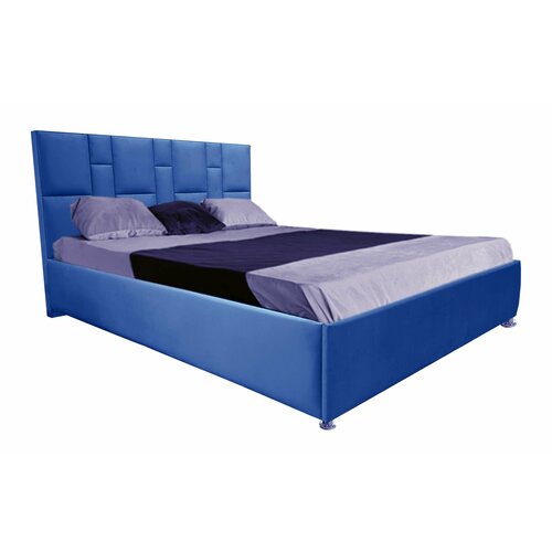 Двуспальная кровать Манхэттен 160x200 основание металлическое с ламелями велюр синий без ножек
