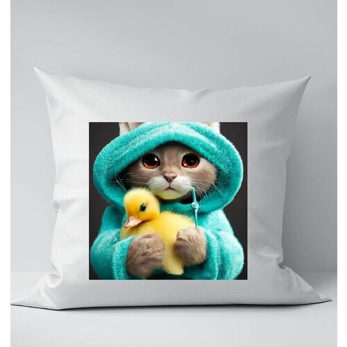 Подушка с наволочкой, принт кот с утёнком, размер 30x30