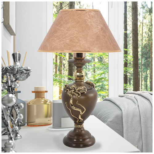 Настольная лампа Bogacho Флер де Лис бронзовая со светло-коричневым абажуром