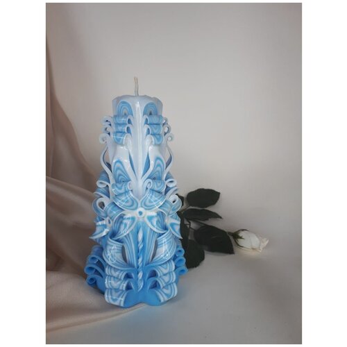 Свеча, голубая, 17см, интерьерная, декоративная, фигурная, резная, подарочная, ручной работы