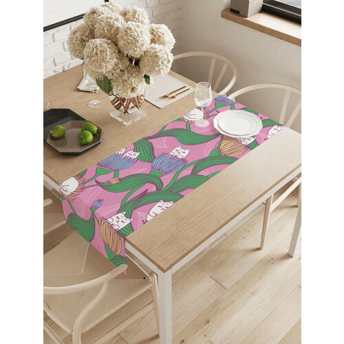 Дорожка водоотталкивающая на стол JoyArty с рисунком "Цветочные коты", 145 на 40 см