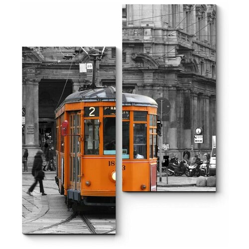 Модульная картина Оранжевый трамвай на сером городском фоне100x125