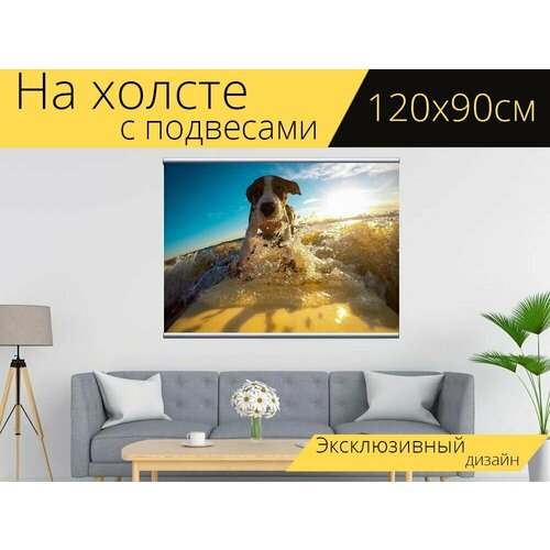 Картина на холсте "Собака, серфинг, вода" с подвесами 120х90 см. для интерьера