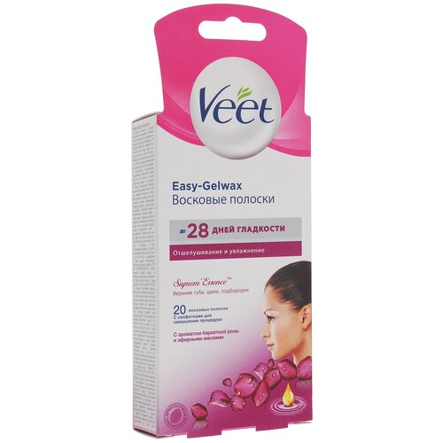 Восковые полоски Veet для чувствительных участков тела (лицо) с ароматом бархатной розы и эфирными маслами, 20 шт