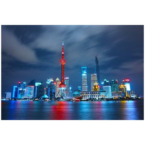 Постер / Плакат / Картина Ночной городской пейзаж Шанхая 60х90 см в раме