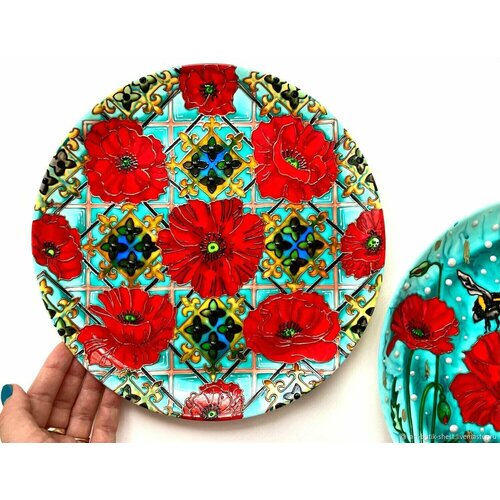 Декоративная тарелка с красными маками "Маки и кружево" ручная роспись