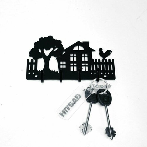 Металлическая настенная ключница в прихожую Домик в деревне, цвет черный, 701-027B