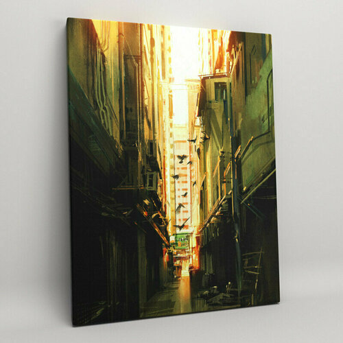 Картина на холсте (интерьерный постер) "иллюстрация городской переулок", с деревянным подрамником, размер 22x30 см
