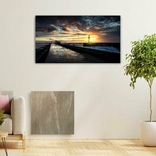 Картина на холсте 60x110 LinxOne "Маяк море пейзаж ночь" интерьерная для дома / на стену / на кухню / с подрамником