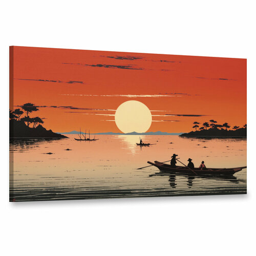Интерьерная картина 100х60 "Японские рыбаки на заходе солнца"