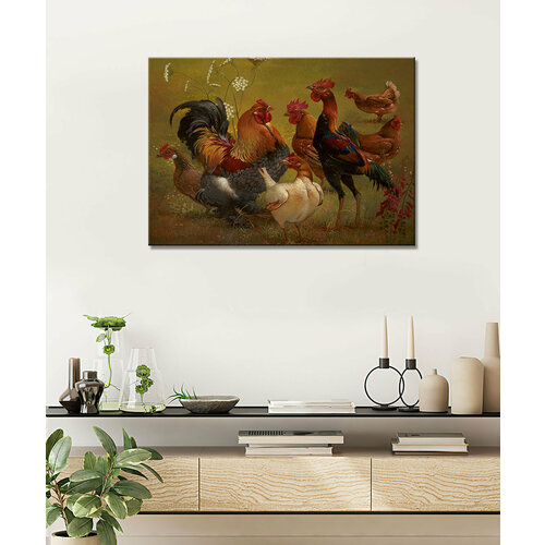 Картина - Курица, курицы, курочка, петух, петухи, красивые породы куриц, стилизация курица, рисунок курица, курица арт, петух арт (51) 30х40