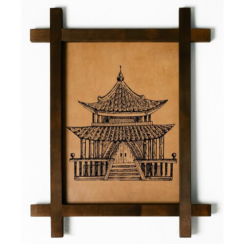 Картина Японский храм, гравировка на натуральной коже, интерьерная для украшения и декора на стену в деревянной раме, подарок, BoomGift