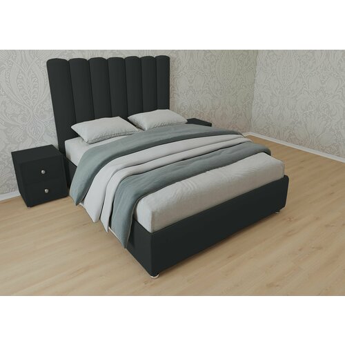 Двуспальная кровать Женева Нью 180x200 с подъемным механизмом и с коробом для белья велюр черный ножки 13 см хром