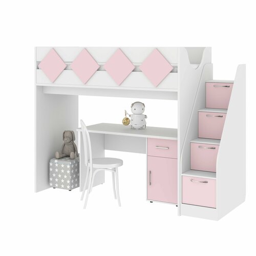 Детская кровать-чердак Скаут-4 с лестницей-комодом, Белый корпус/розовый