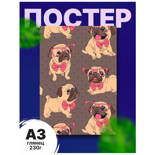 Постер плакат порода собак "Мопс", А3,42х30 см