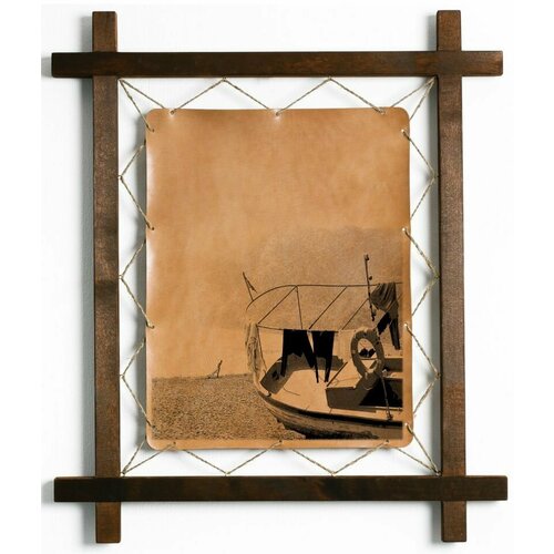 Картина "Берег моря", интерьерная для украшения и декора на стену кухни гостиной детской комнаты спальни в деревянной рамке, подарок, натуральная кожа, BoomGift