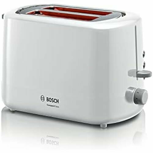 Компактный тостер Bosch Compact Class TAT3A111 со встроенной насадкой для булочек, функцией автоматического отключения и функцией размораживания. Идеально подходит для 2 тостов. Функция подъема. 800 Вт, белый.