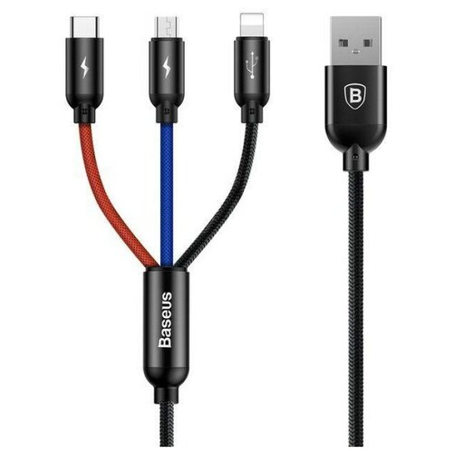 Кабель Baseus Three Primary Colors Series 3 в 1 USB - microUSB/USB Type-C/Lightning (CAMLT), 0.3 м, 1 шт., black/red/blue
