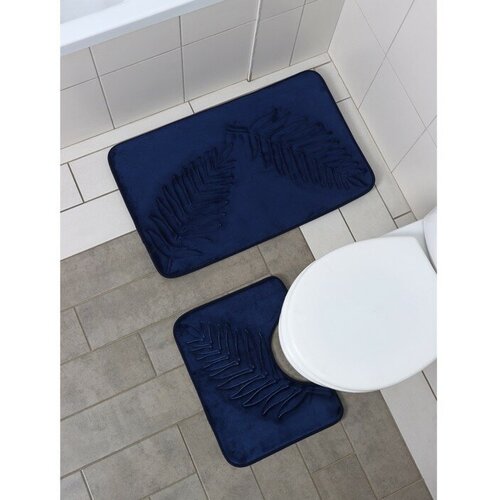 Доляна Набор ковриков для ванной и туалета Доляна «Тропики», 2 шт, 40×50, 50×80 см, цвет синий
