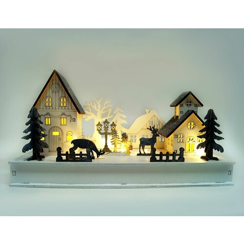 Новогодний светильник олени В гостях У снеговика, дерево, 8 теплых белых LED-огней, 28х15 см, STAR trading