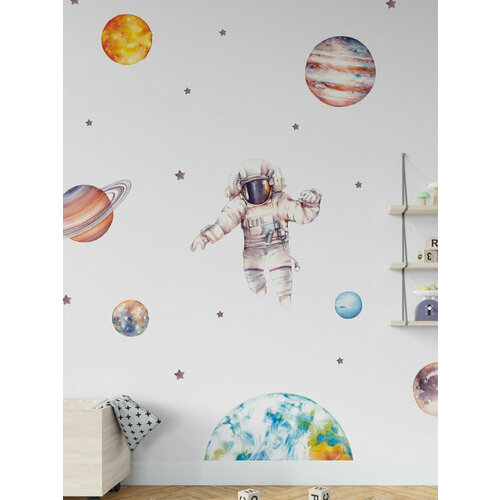 Интерьерные наклейки на стену в детскую комнату - Космос (космонавт и планеты) - мальчикам / декор для дома