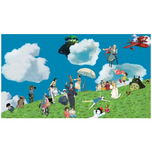 Постер / Плакат / Картина Мир Хаяо Миядзаки - Персонажи на поляне 50х70 см в раме