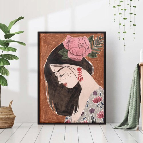 Постер "Брунна Манкузо девушка с цветком" 50 на 70 в черной рамке / Картина для интерьера / Плакат / Постер на стену / Интерьерные картины
