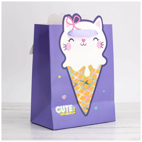 Пакет подарочный (S) "Мороженое с милым котом", фиолетовый (18*23*10 )