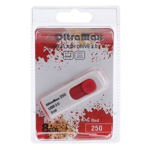 Флешка OltraMax 250, 8 Гб, USB2.0, чт до 15 Мб/с, зап до 8 Мб/с, красная