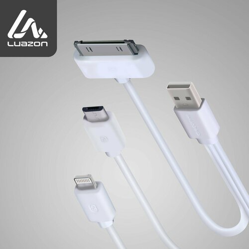 Кабель 3 в 1 LuazON, microUSB/Lightning/iPhone 30-pin - USB, 1 А, 0.2 м, белый