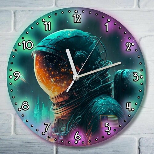 Настенные часы, деревянные, бесшумные, УФ печать красочный космонавт - 1433