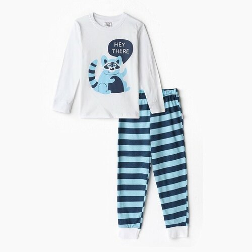 Пижама  Ohana kids, размер Пижама для мальчика (лонгслив/штанишки), цвет белый/синий/енот, рост 104см, синий, белый