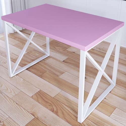 Стол кухонный Loft со столешницей розового цвета из массива сосны 40 мм и белыми металлическими крестообразными ножками, 90х60х75 см