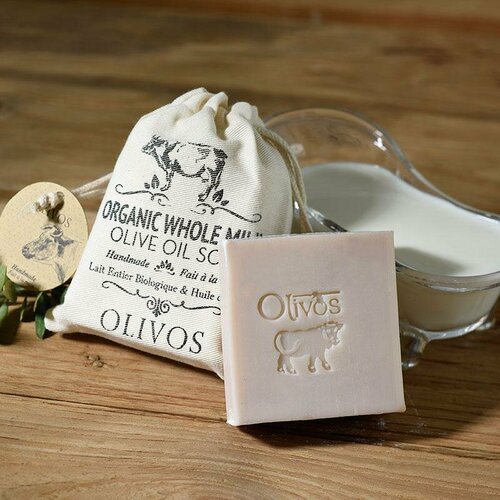 Подарочный набор в мешочке с мочалкой. Мыло натуральное оливковое ручной работы Линия Молоко "Органическое Цельное Молоко" 150 гр