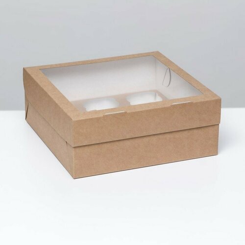 Коробка под 9 маффинов с окном, крафт, 25 х 25 х 10 см (комплект из 25 шт)