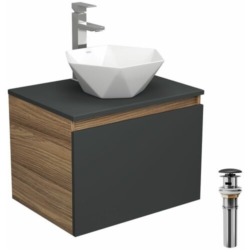 Комплект для ванной, 4 предмета (тумба Bau 60, графит + раковина на столешницу BAU Crystal 40х40 + смеситель Hotel Still, выпуск клик-клак, черный)