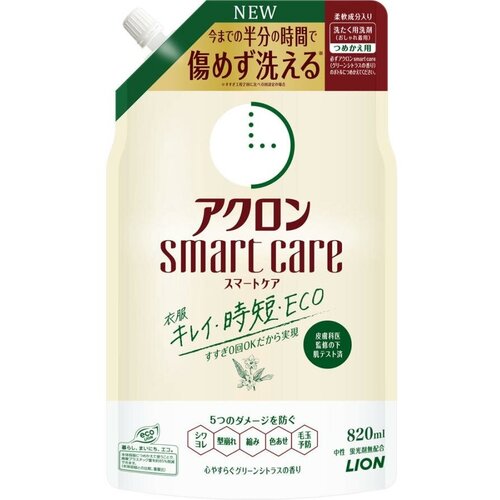 Lion Acron Smart Care Eco Green Citrus Экологичное жидкое средство для стирки деликатных тканей смягчающий с ароматом зеленых цитрусов 820 мл в мягкой упаковке