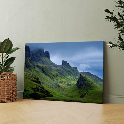 Картина на холсте (Гора с зеленым полем и небольшим водопадом) 30x40 см. Интерьерная, на стену.