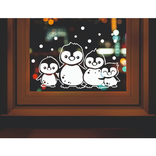 Наклейка новогодняя для оформления окон и витрин "Пингвины" 45х25 см.). Декор для окон / новогодний.