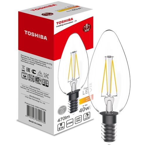 Лампа филаментная "Toshiba", теплый свет, цоколь E14, 4W, 2700K. 501760997A