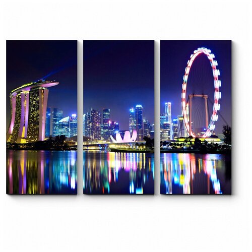 Модульная картина Огни ночного Сингапура в отражении Марина Бэй 140x100