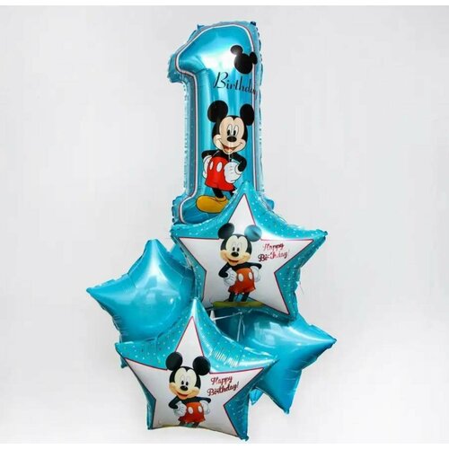 Набор фольгированных шаров Happy Birthday, Микки Маус на день рождение 1 год/бирюзовый цвет